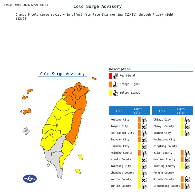 Temperatures of 10°C to sweep Taiwan Thursday and Friday - Focus Taiwan