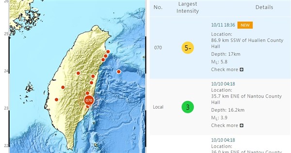 Magnitude 5.8 earthquake shakes eastern Taiwan - Focus Taiwan