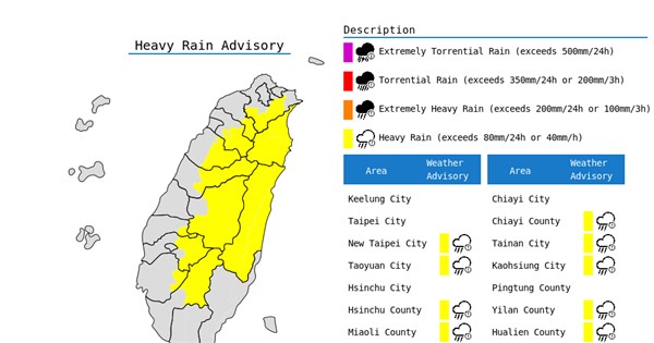 Heavy rain advisory issued for 12 cities, counties in Taiwan - Focus Taiwan